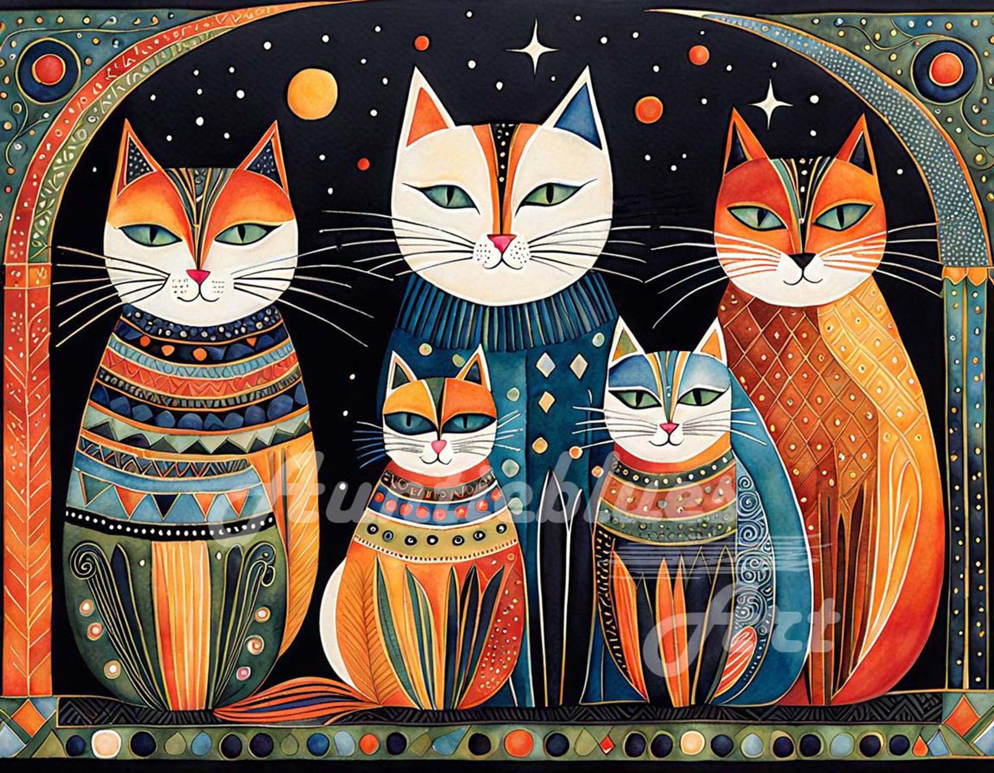 Folk Art Cat Painting. A Group of Cats Naive Art Print. Cat Fantasy ...