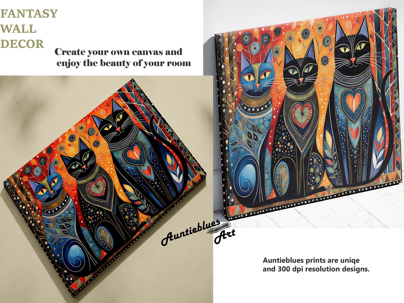 Folk Art Cat Painting. A Group of Cats Naive Art Print. Cat Fantasy ...