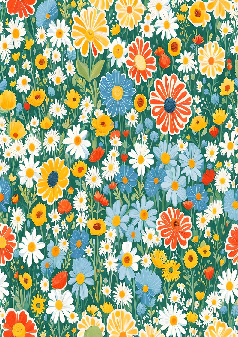 Retro Flowers Digital Paper. 70s Flower Printable Collage Sheet for ...