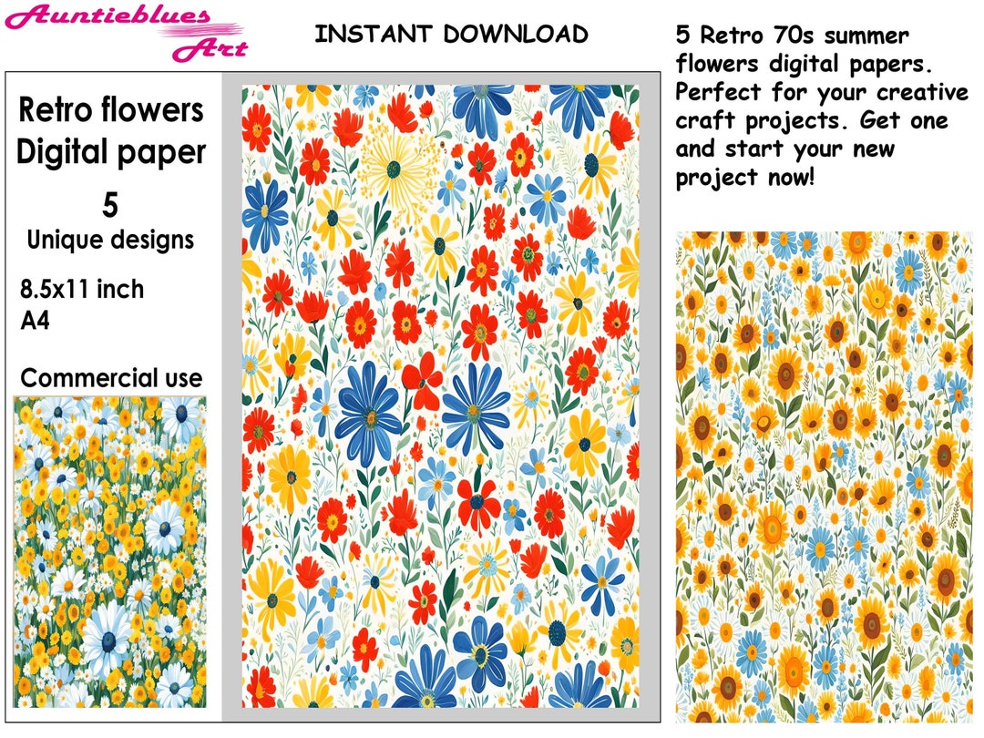 Retro Flowers Digital Paper. 70s Flower Printable Collage Sheet for ...