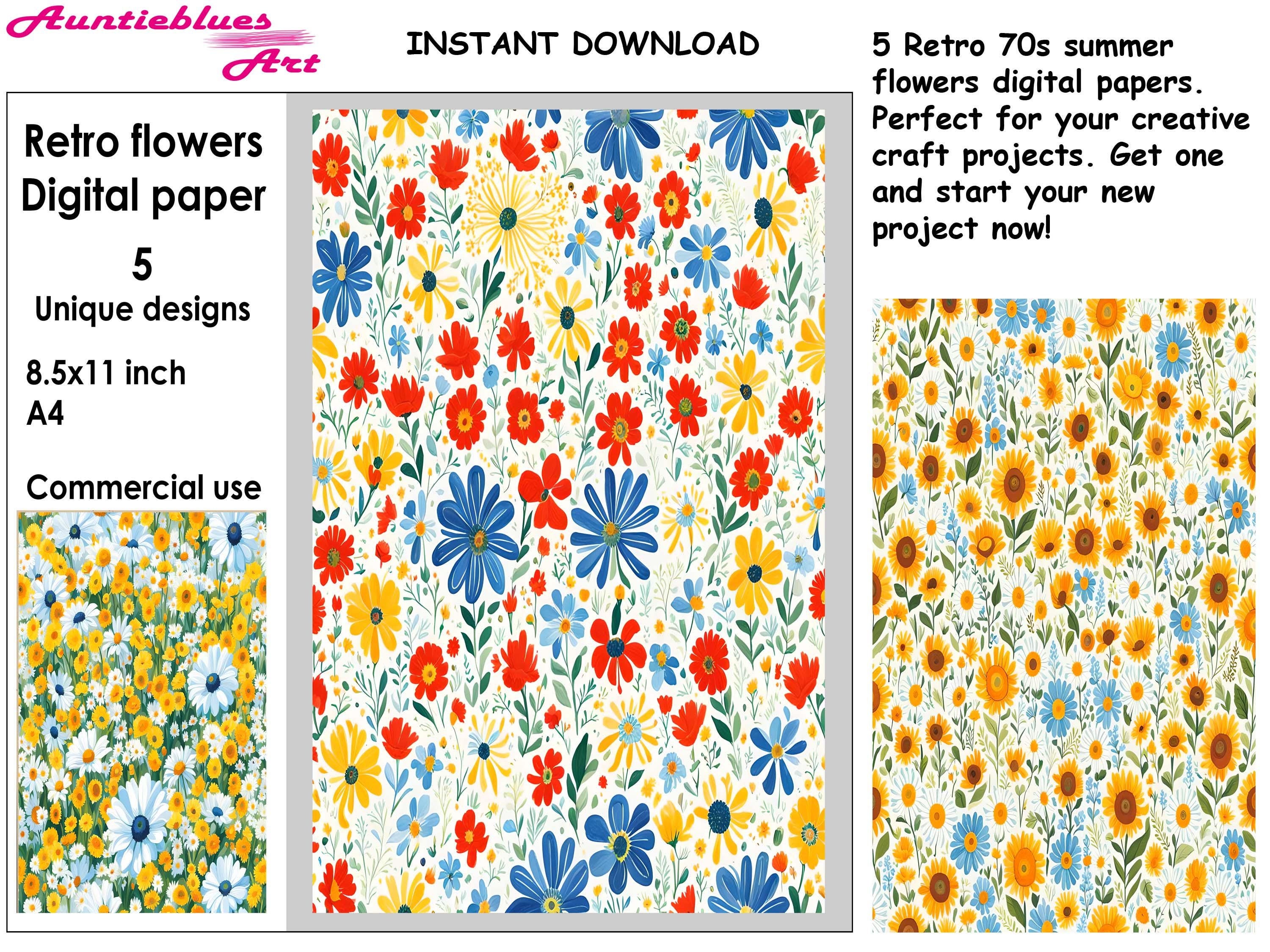 Retro Flowers Digital Paper. 70s Flower Printable Collage Sheet for ...