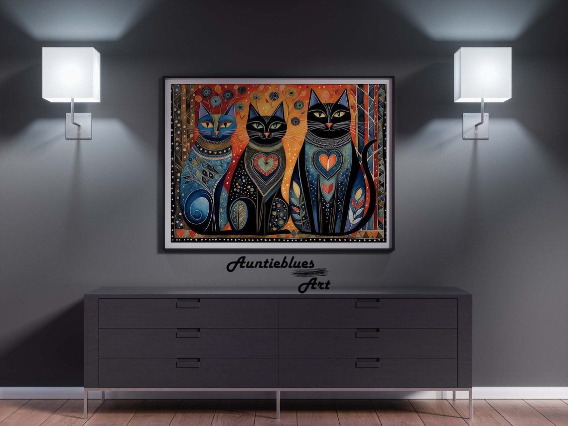 Folk Art Cat Painting. A Group of Cats Naive Art Print. Cat Fantasy ...