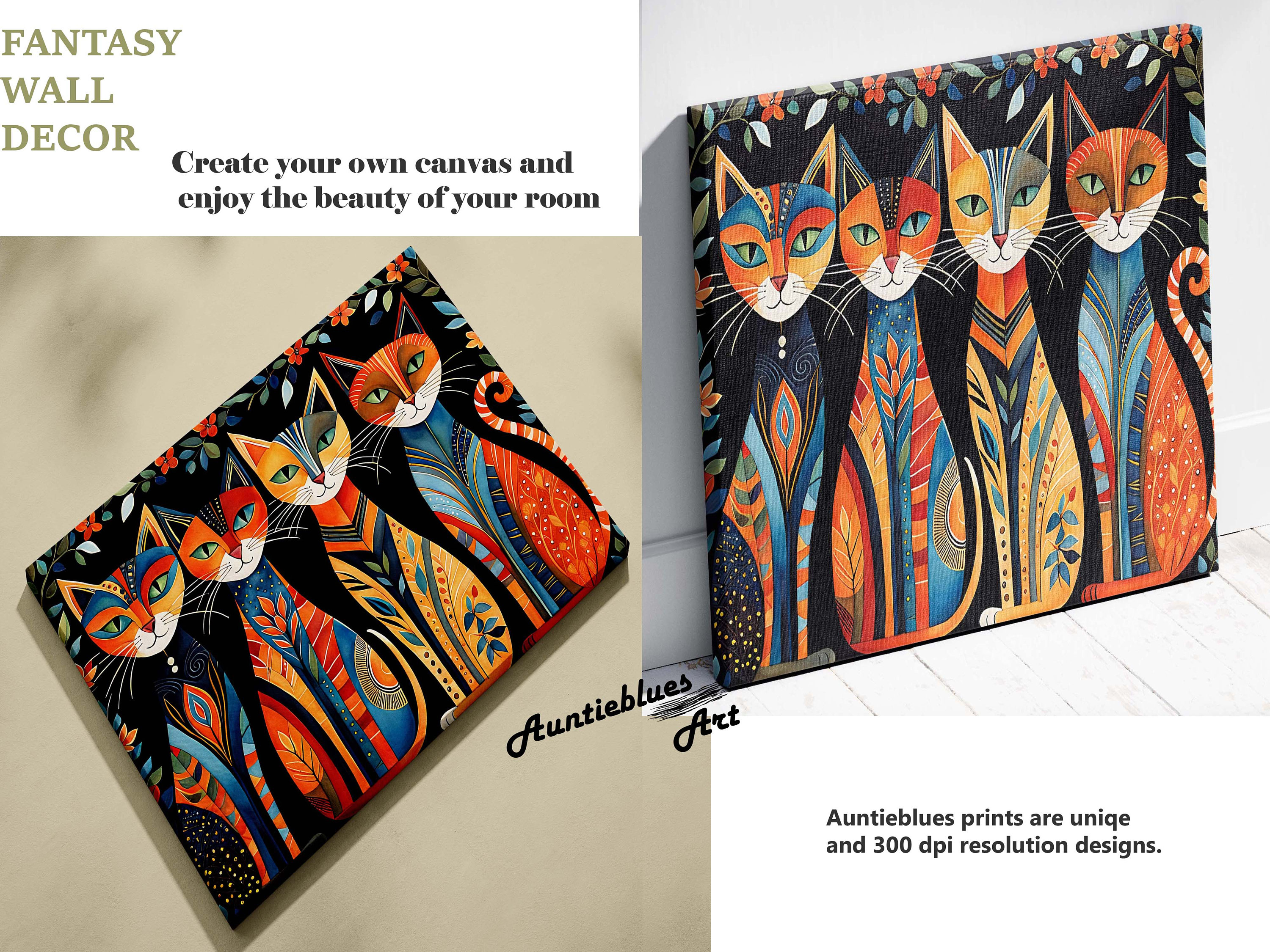 Folk Art Cat Painting. A Group of Cats Naive Art Print. Cat Fantasy ...