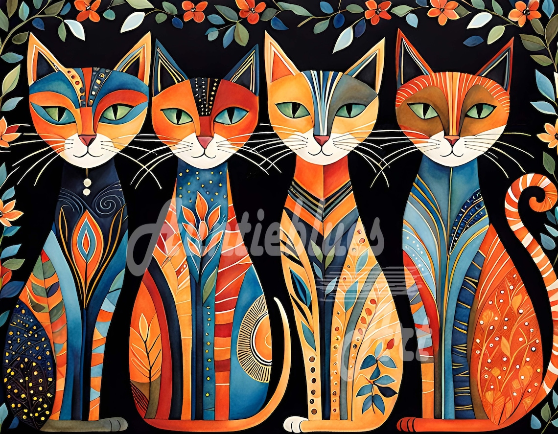 Folk Art Cat Painting. A Group of Cats Naive Art Print. Cat Fantasy ...