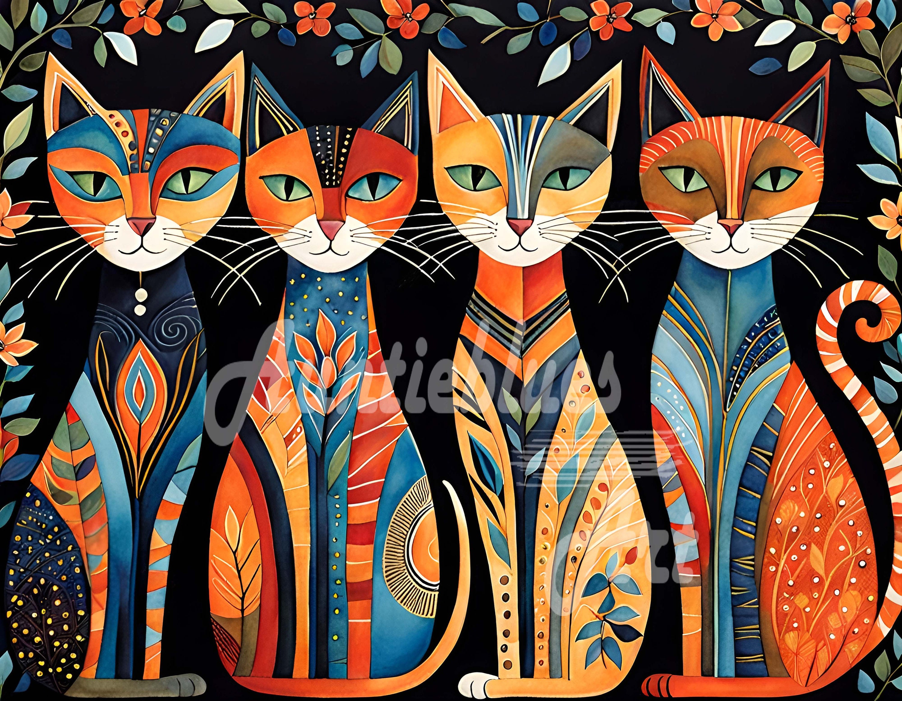 Folk Art Cat Painting. A Group of Cats Naive Art Print. Cat Fantasy ...