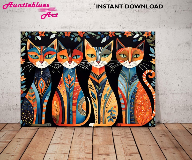 Folk Art Cat Painting. A Group of Cats Naive Art Print. Cat Fantasy ...