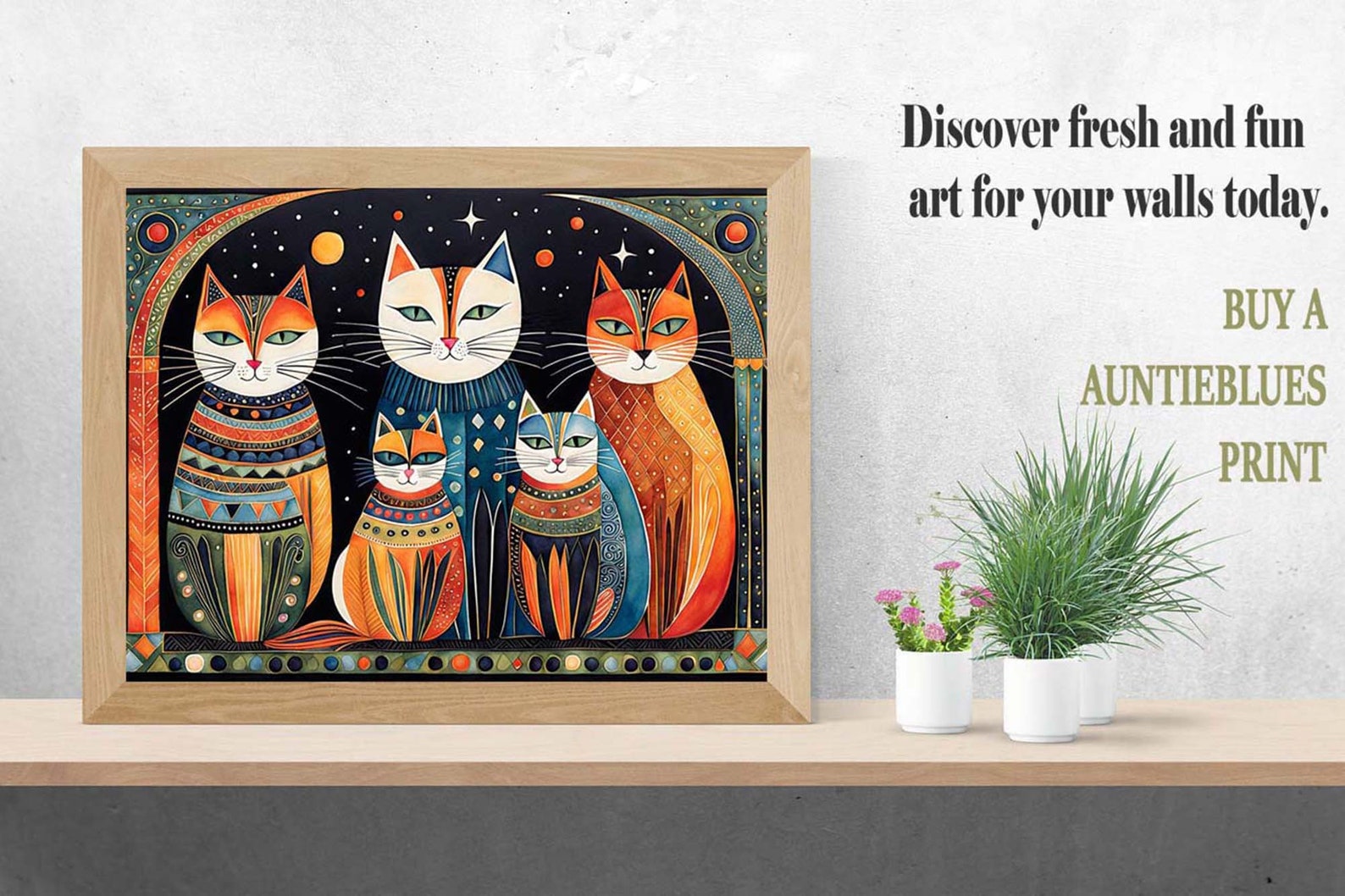Folk Art Cat Painting. A Group of Cats Naive Art Print. Cat Fantasy ...