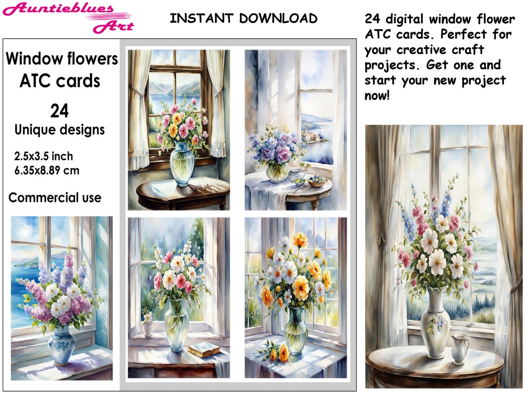 Window View ATC. Printable Watercolor Flower Artist Trading Card for ...