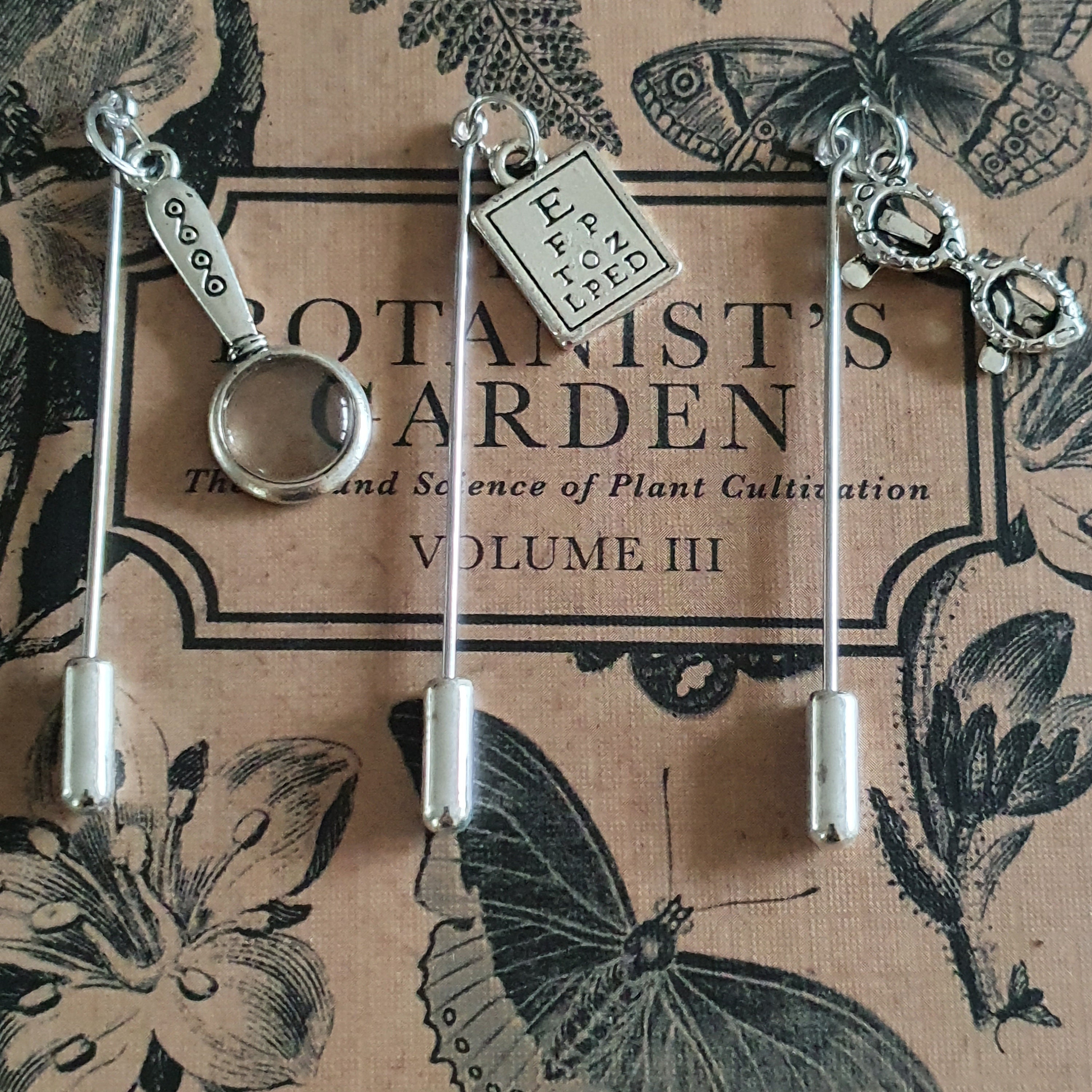 3 Optician Pins in Box Magnifying, Eye Chart, Glasses Ophthalmologist ...
