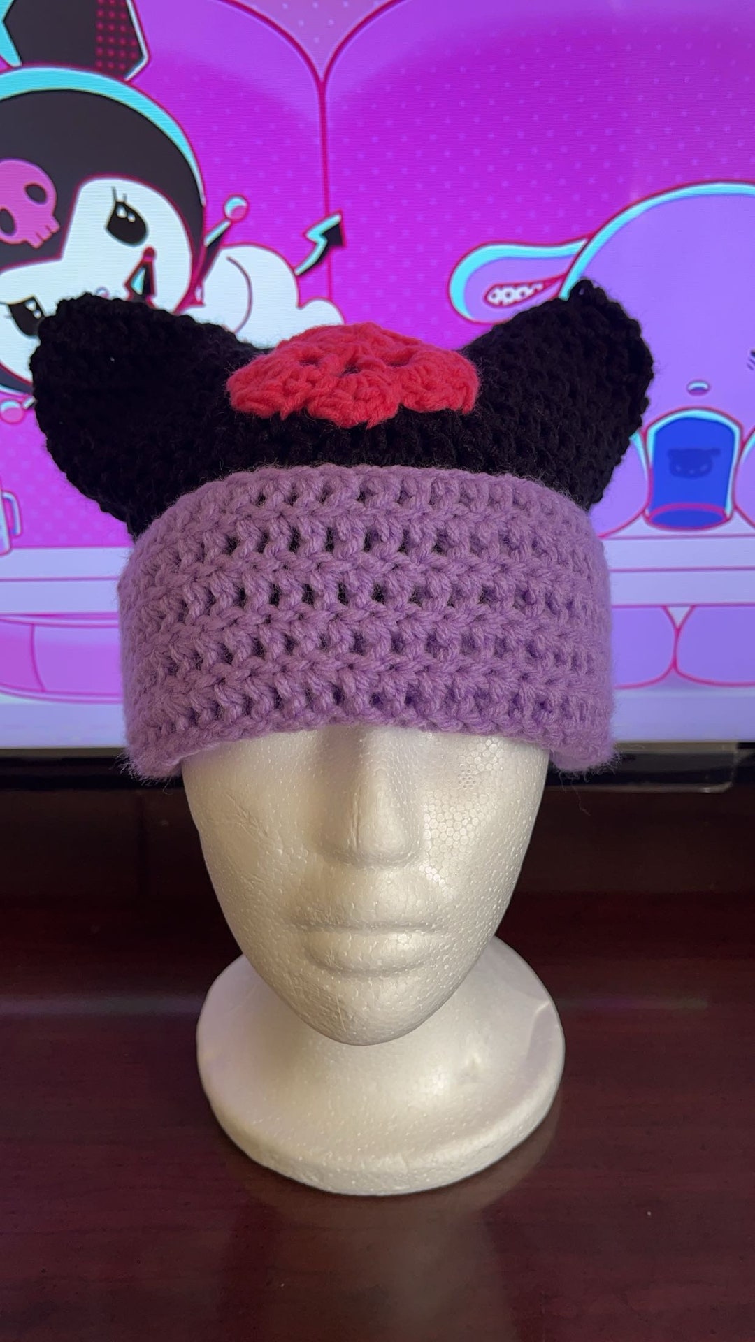 Crochet Kuromi Hat Crochet Ruffle Hat Crochet Gift Kuromi Item Skull ...