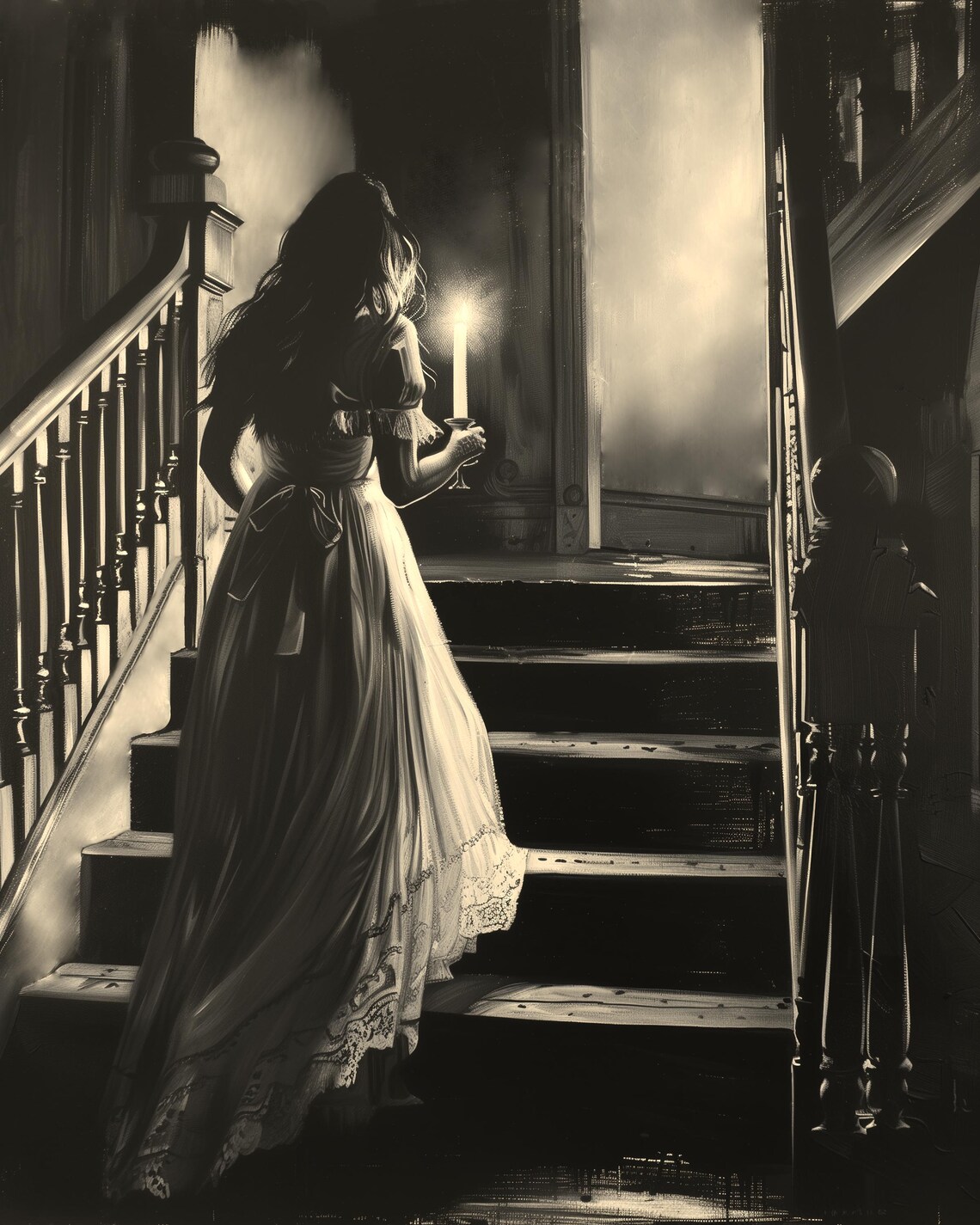 Candlelight Ascent | Gothic Staircase Scene | Victorian Sepia Print ...