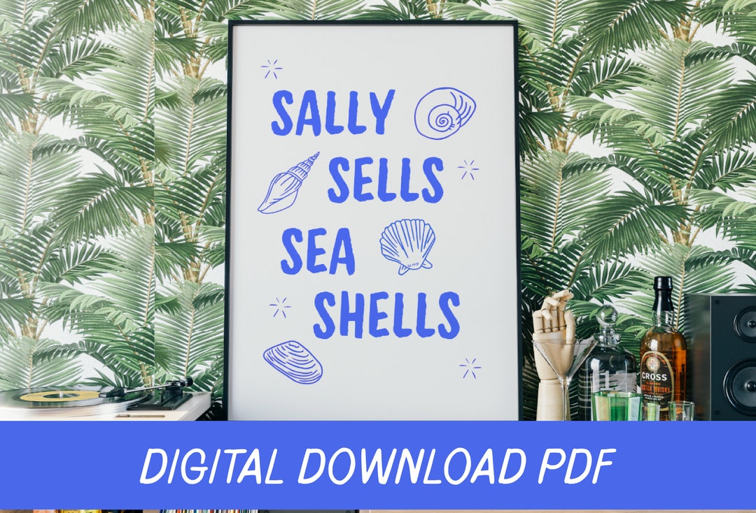 Sally Sells Sea Shells Print Coastal Art Pink Typography Poster Beach ...