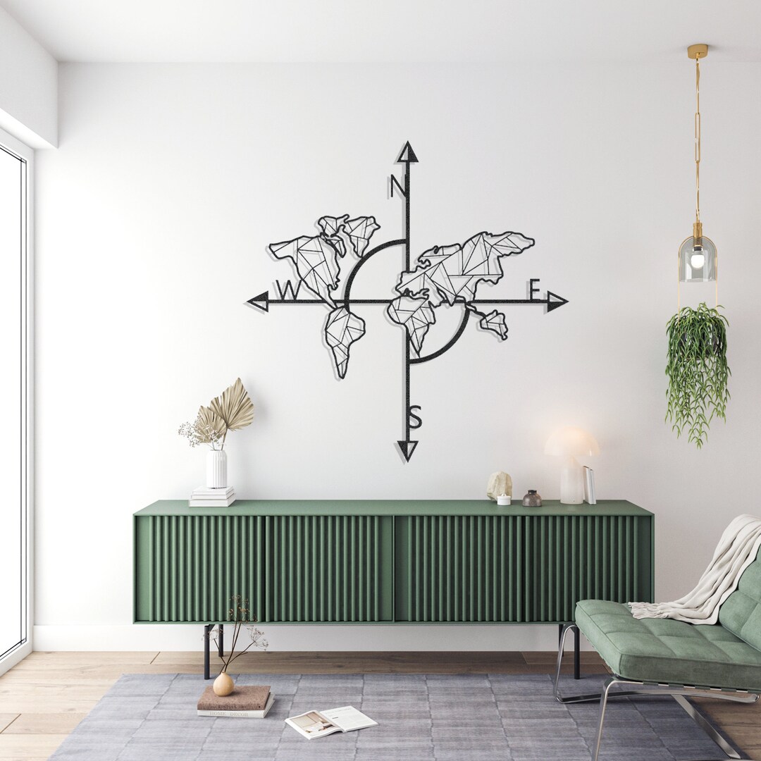 World Map Wall Art, World Map Compass Continent, World Map Compass ...