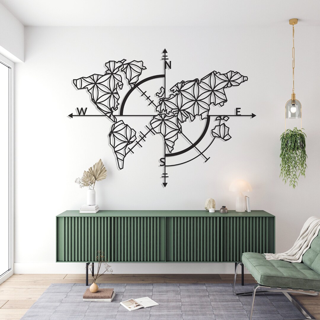 World Map Wall Art, World Map Compass Continent, World Map Compass ...