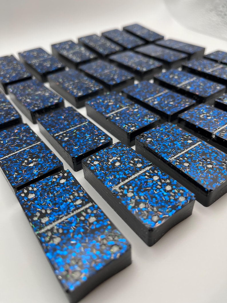Handmade Resin Domino Set: Blue Glitter Paw Print Thick Game Pieces ...
