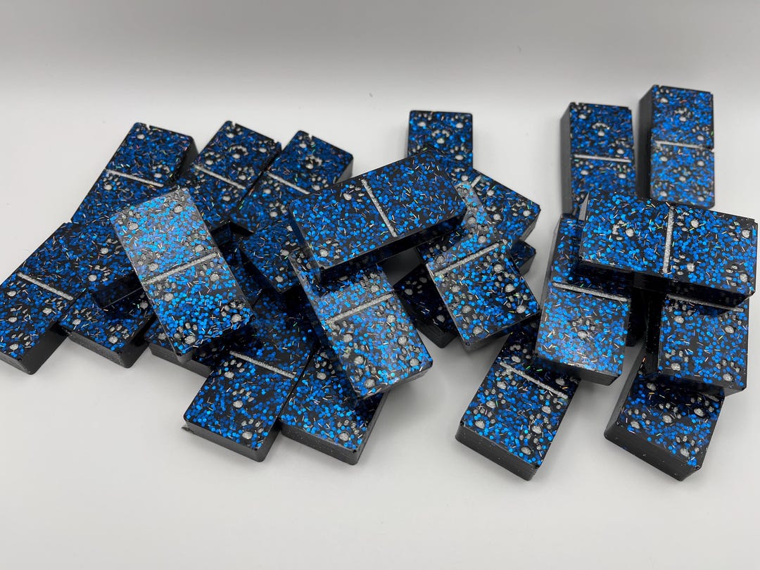 Handmade Resin Domino Set: Blue Glitter Paw Print Thick Game Pieces ...