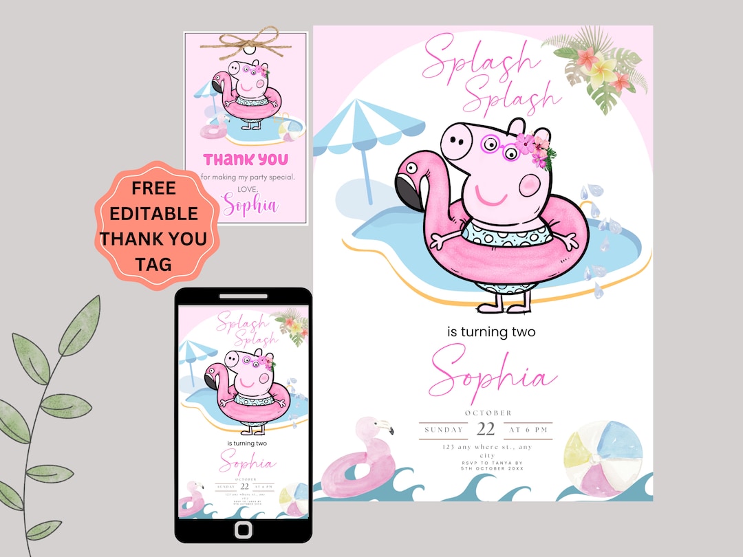 Editable Peppa Pig Pool Party Invitation, Peppa Pig Swim Party, Peppa ...