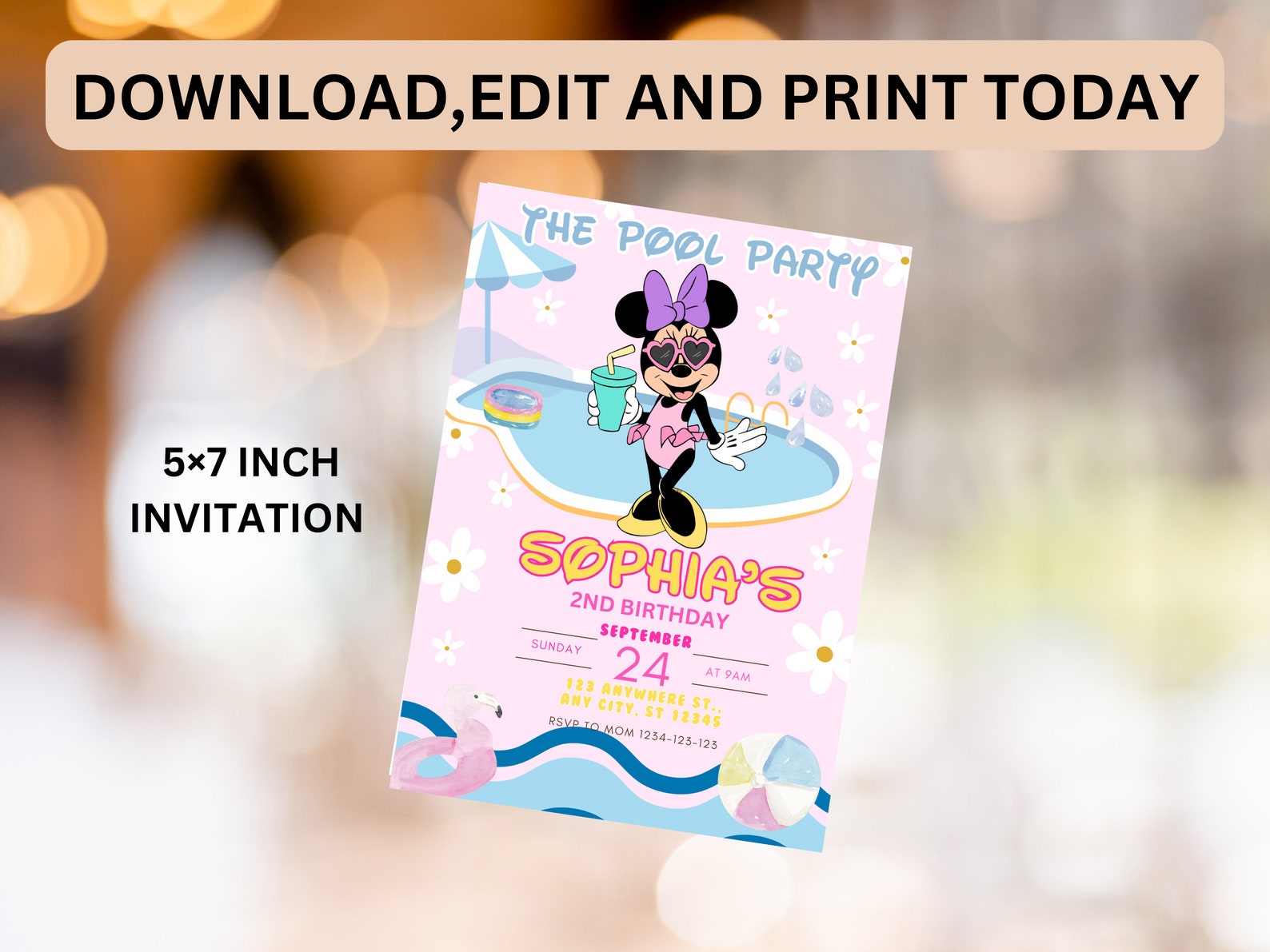 Minnie Mouse Pool Party Invitation: Editable Canva Template (5x7 ...