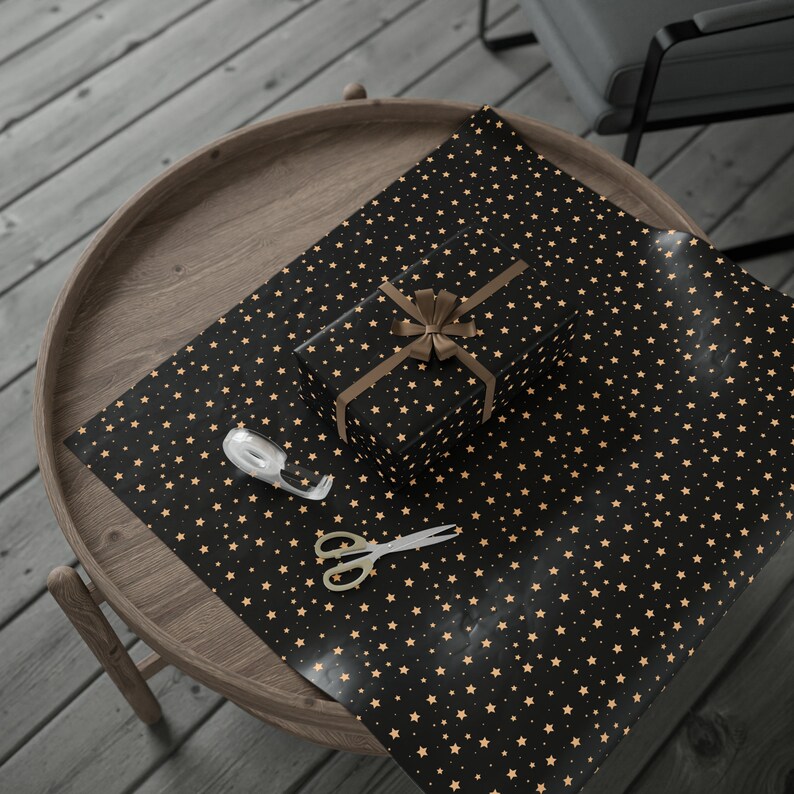Stars Wrapping Paper, Black Wrapping Paper, Gold Stars on Black Gift ...