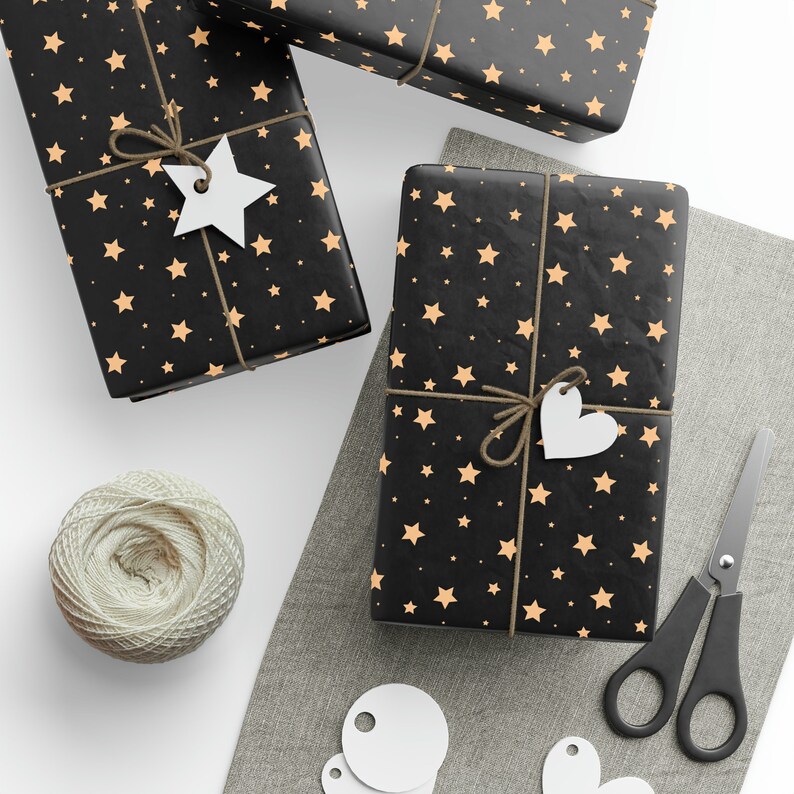Stars Wrapping Paper, Black Wrapping Paper, Gold Stars on Black Gift ...
