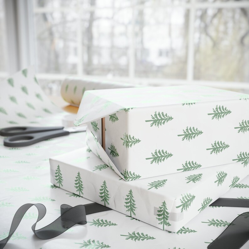 Pine Tree Wrapping Paper, Sage Green Tree Gift Wrapping, Christmas Tree ...