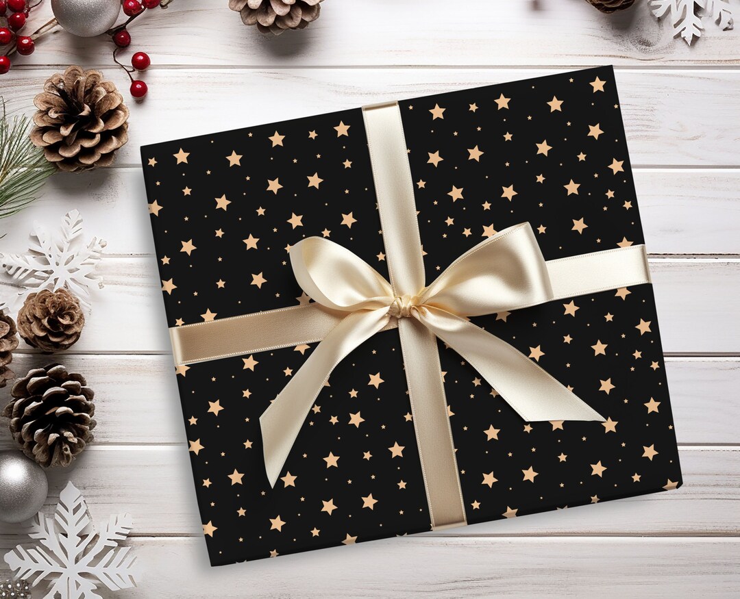 Stars Wrapping Paper, Black Wrapping Paper, Gold Stars on Black Gift ...