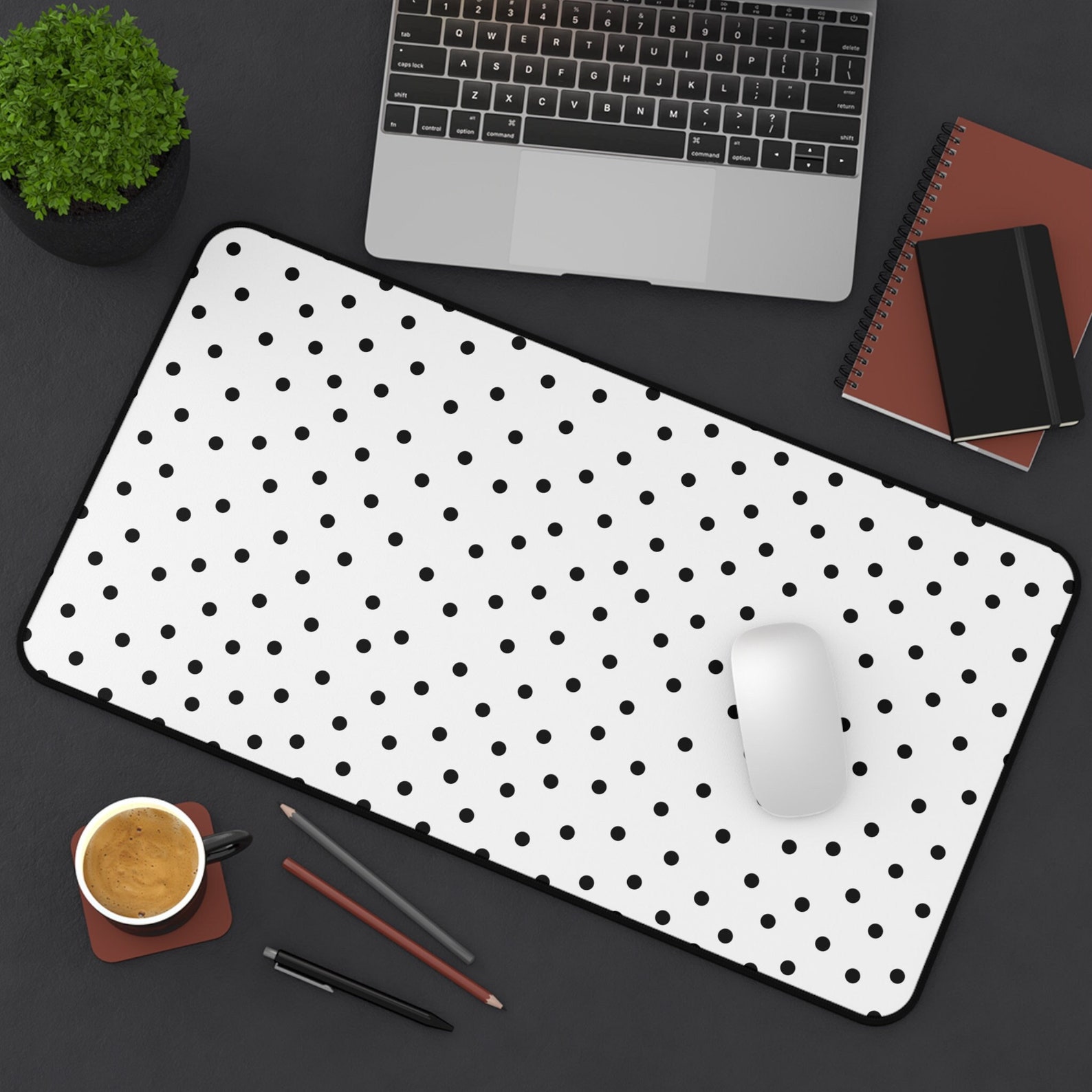 Polka Dot Desk Mat, White and Black Polka Dots, Office Decor, White ...
