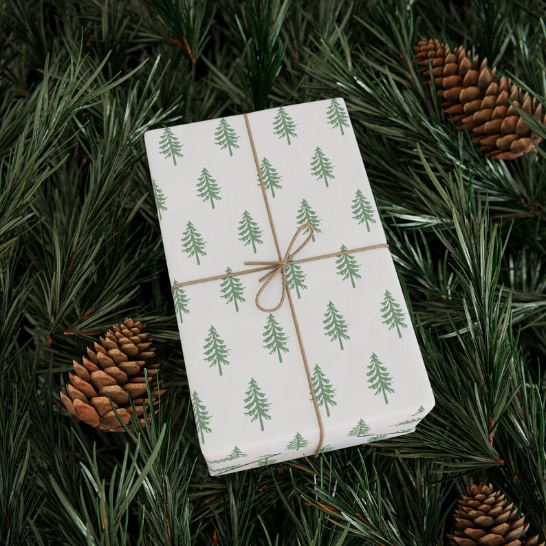 Pine Tree Wrapping Paper, Sage Green Tree Gift Wrapping, Christmas Tree ...