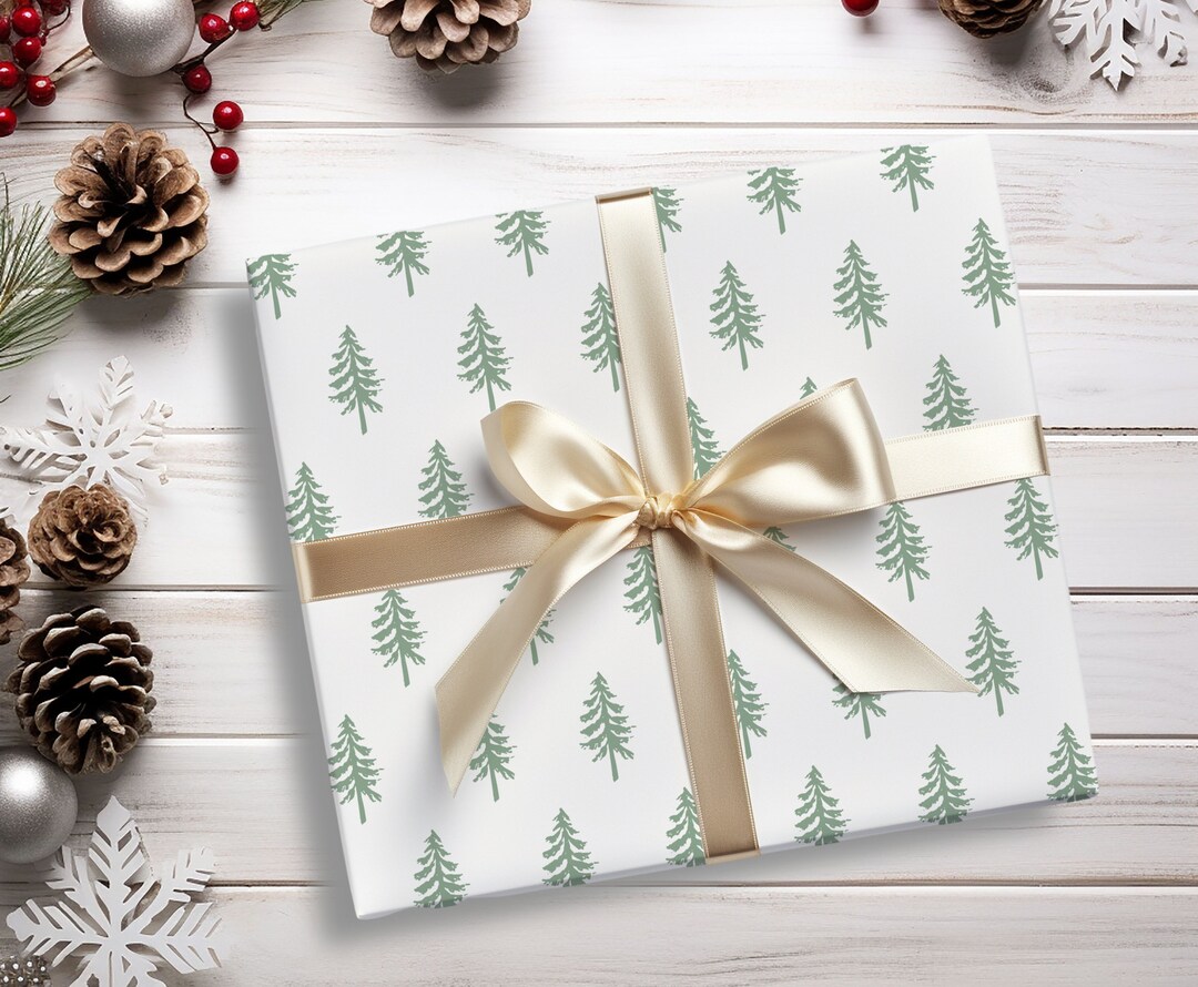 Pine Tree Wrapping Paper, Sage Green Tree Gift Wrapping, Christmas Tree ...