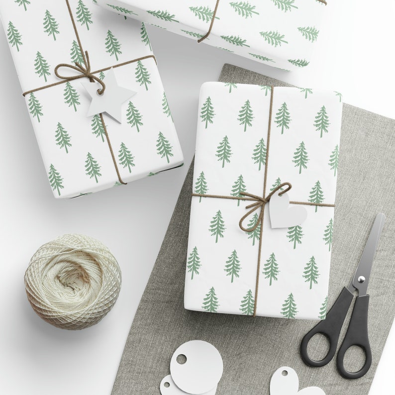 Pine Tree Wrapping Paper, Sage Green Tree Gift Wrapping, Christmas Tree ...