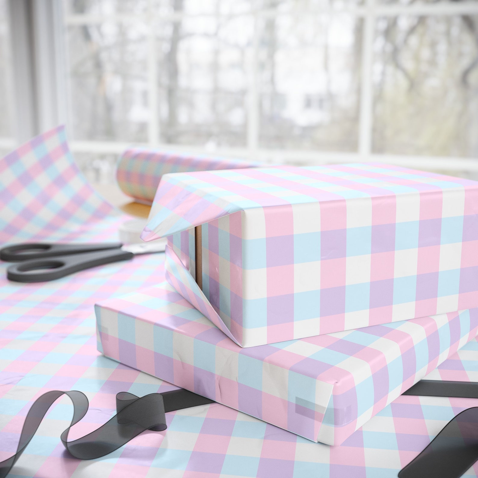 Pink and Blue Gingham Wrapping Paper, Plaid Wrapping Paper, Blue Gift ...