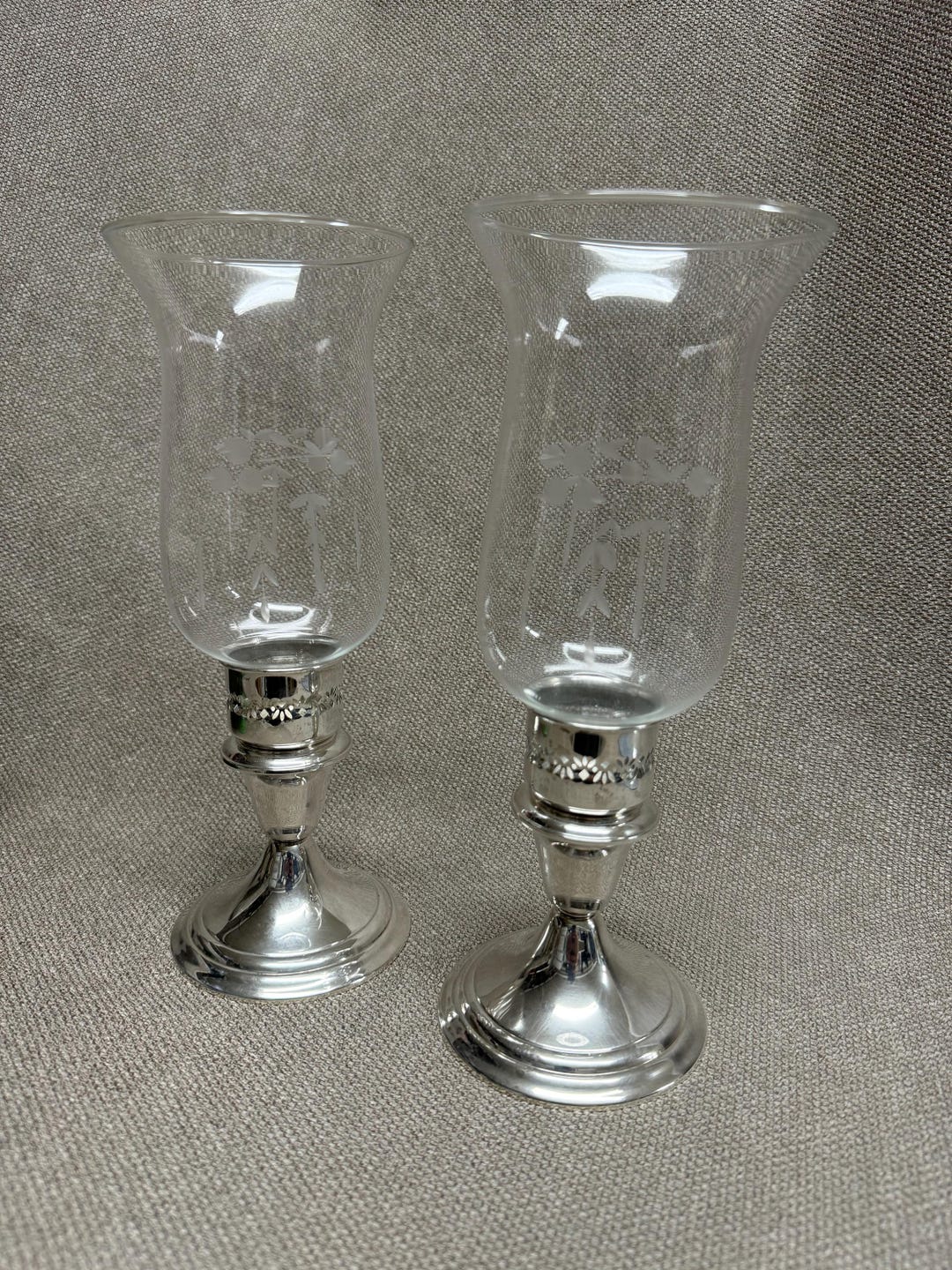 GORHAM SILVER Weighted Hurricane Lamp Bases and Globes Puritan, Pair ...