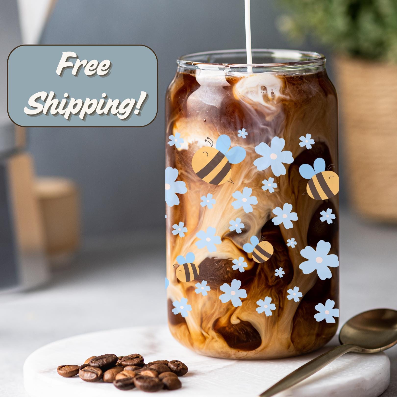 Bee Cup Mason Jar Glass Cold Drink Serving Cup Flower Design Patio ...