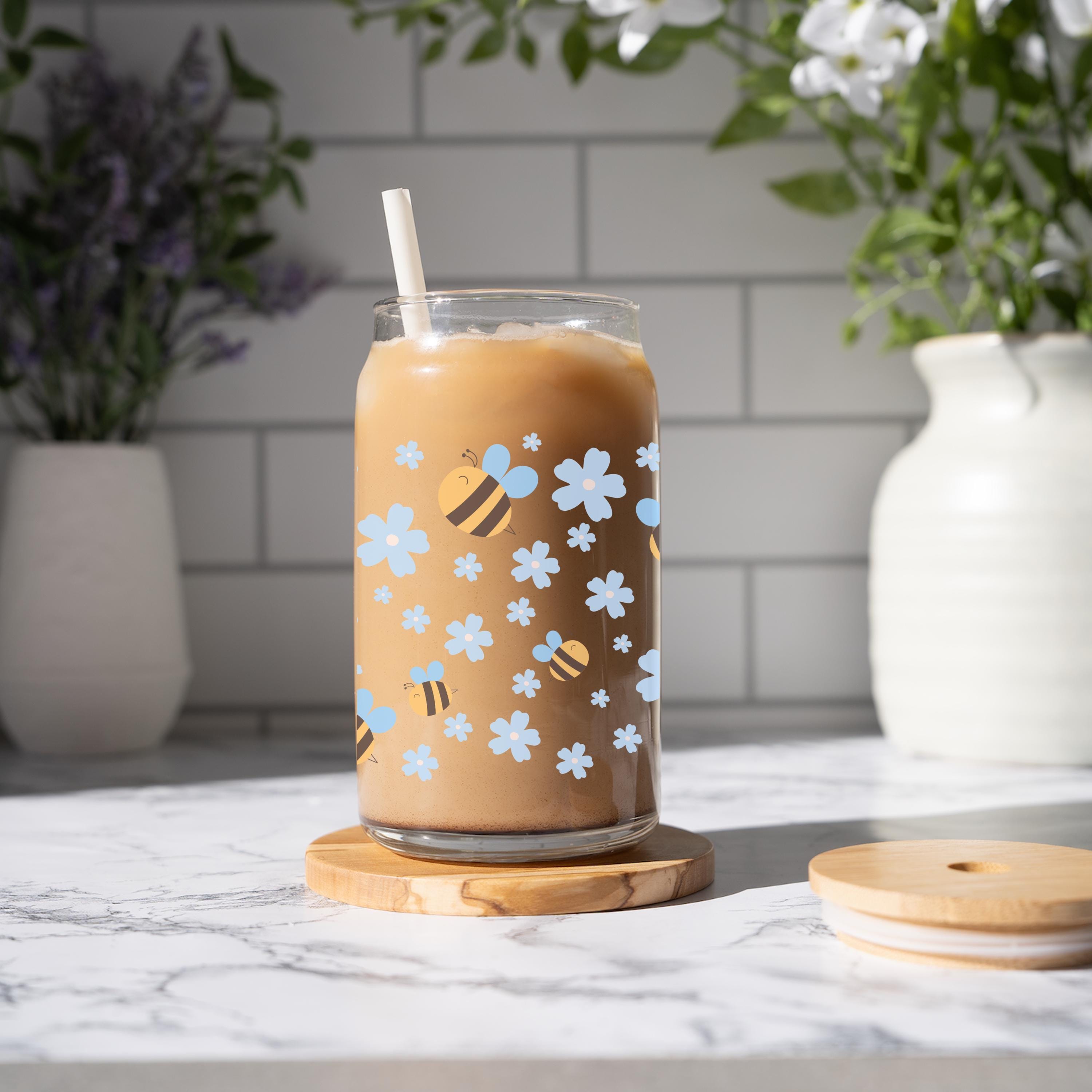 Bee Cup Mason Jar Glass Cold Drink Serving Cup Flower Design Patio ...
