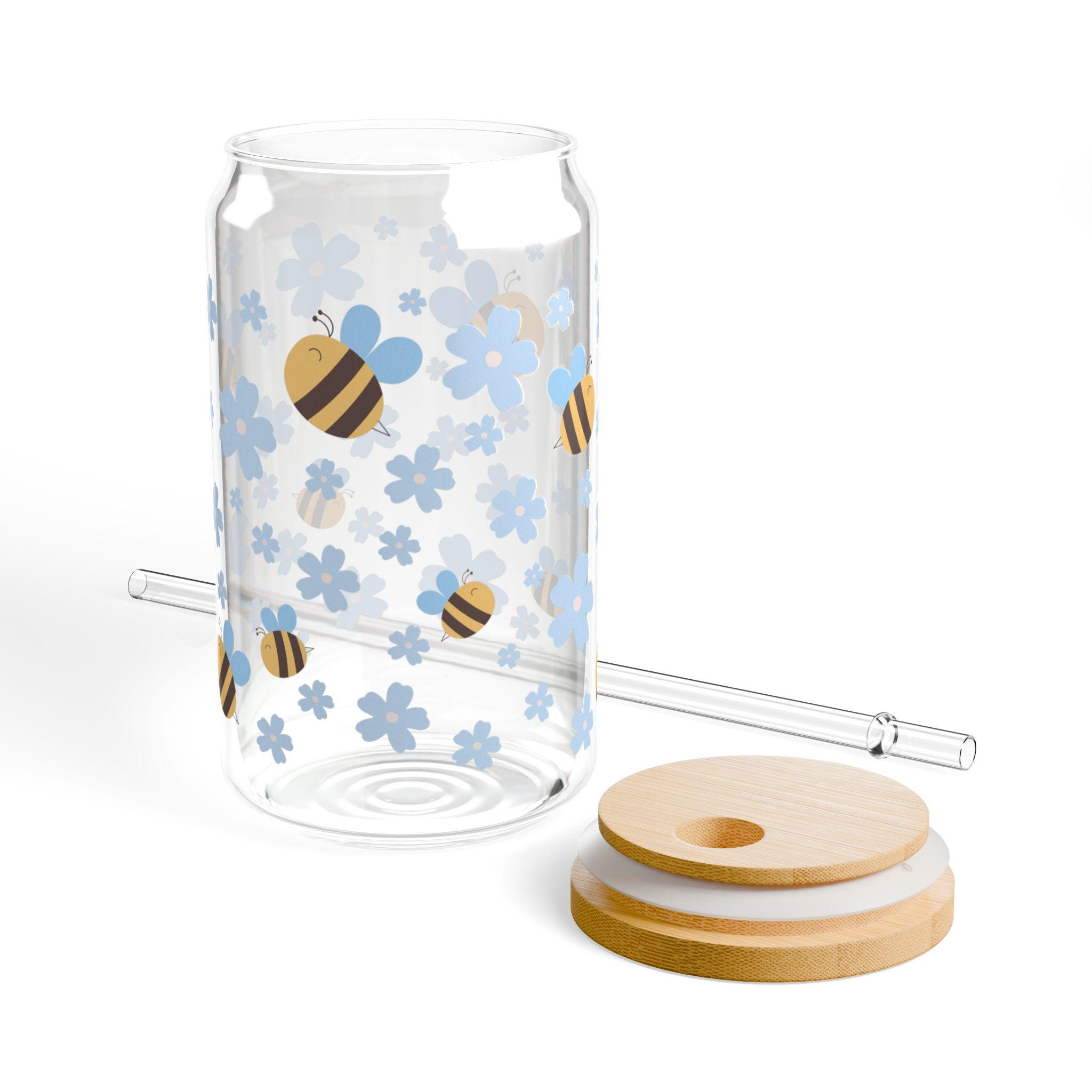 Bee Cup Mason Jar Glass Cold Drink Serving Cup Flower Design Patio ...