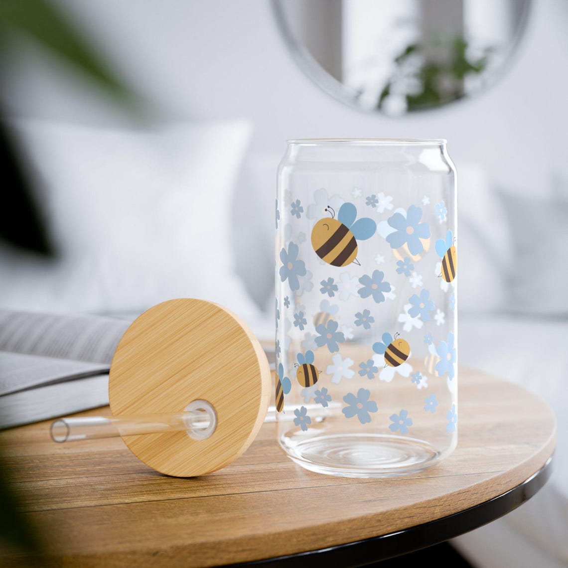 Bee Cup Mason Jar Glass Cold Drink Serving Cup Flower Design Patio ...