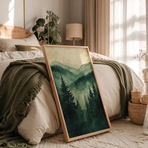 Forest Landscape Poster, Dark Green Watercolor Print, Tranquil Forest ...