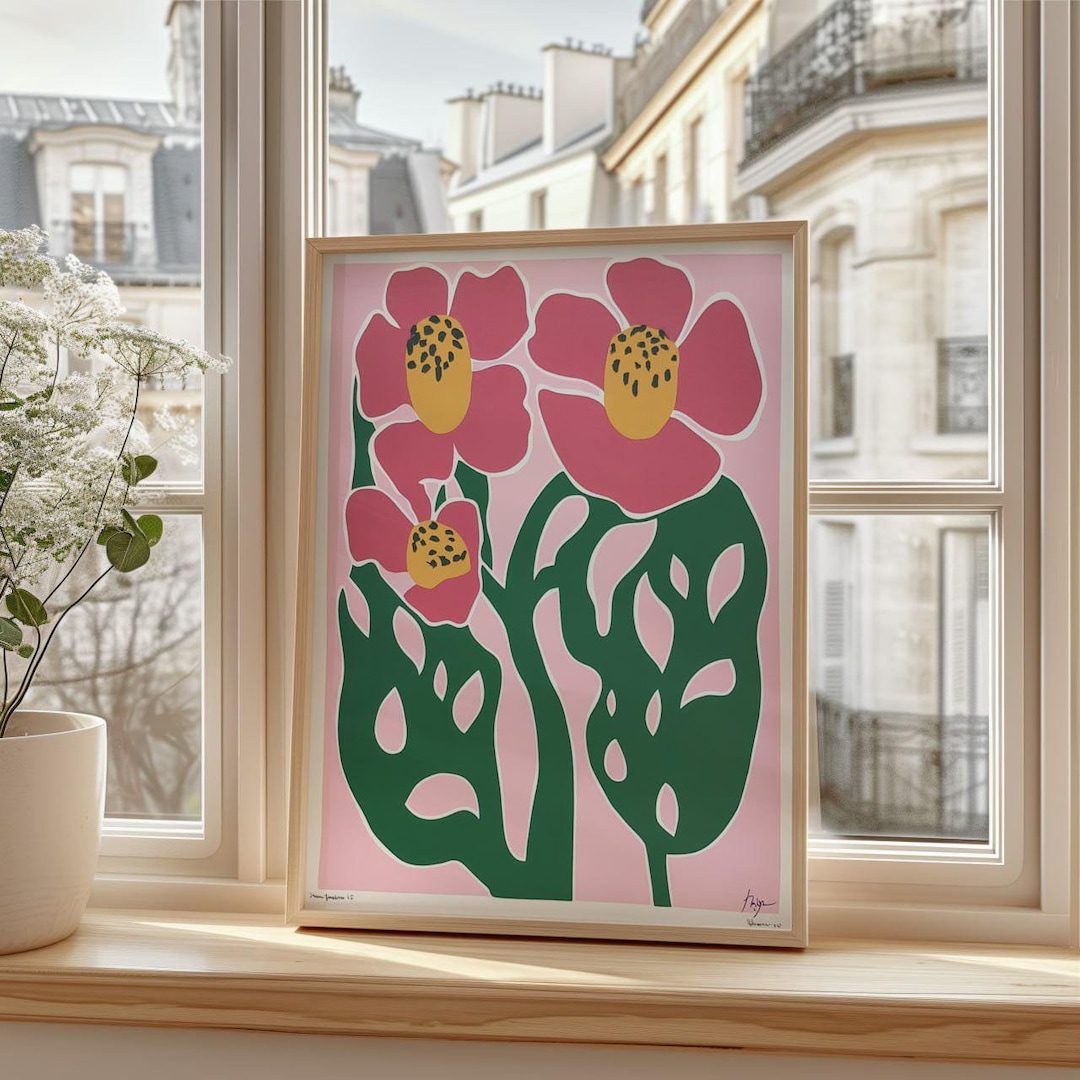 Modern Floral Poster, Bold Pink and Green Flower Print, Abstract Plant ...