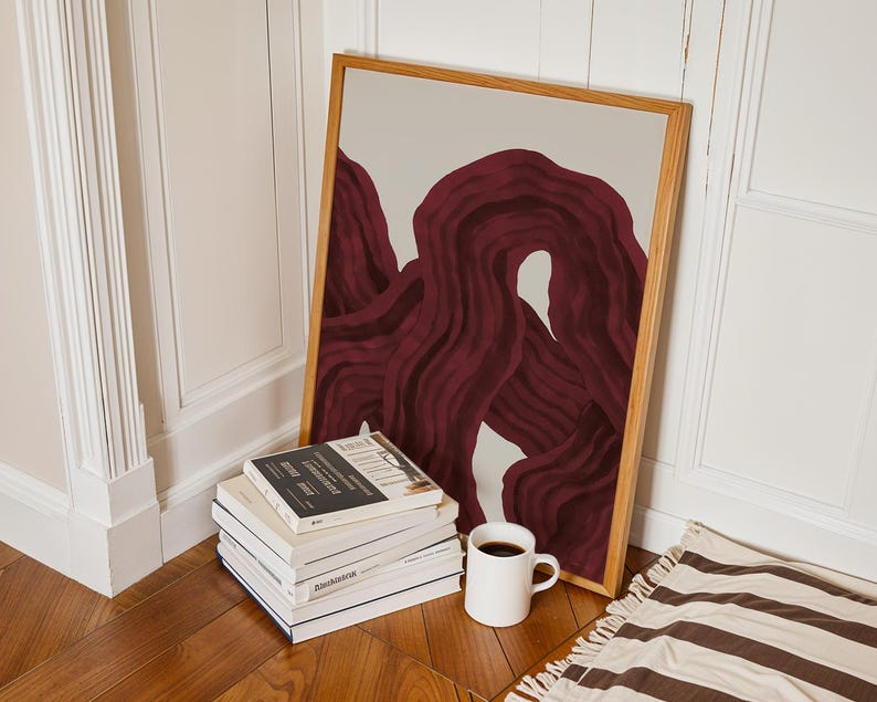 Abstract Burgundy Wall Art – Modern Minimalist Print, Contemporary Line ...