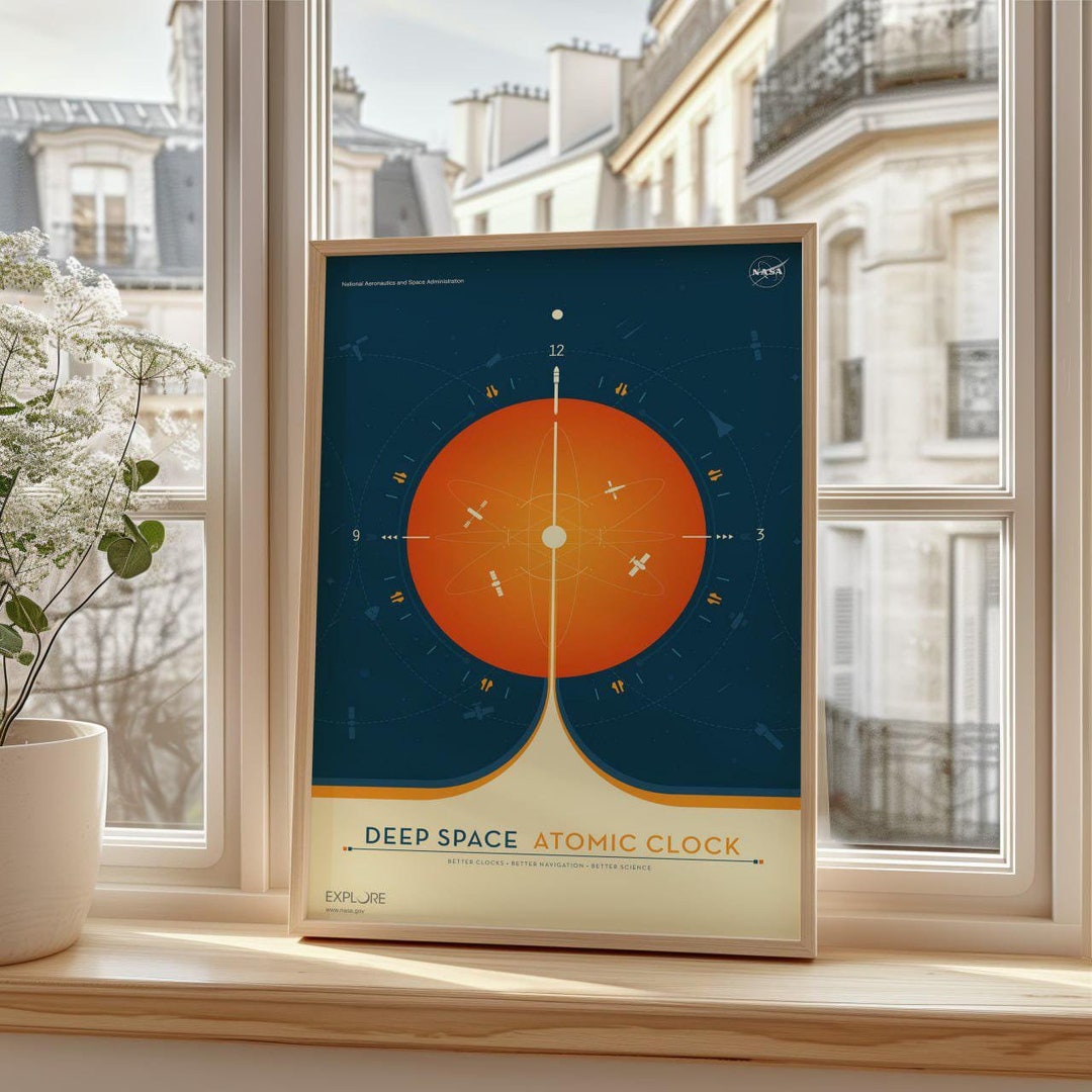NASA Deep Space Atomic Clock Poster – Futuristic Orange and Blue Space ...