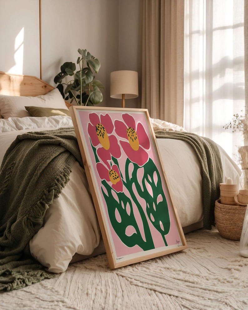 Modern Floral Poster, Bold Pink and Green Flower Print, Abstract Plant ...