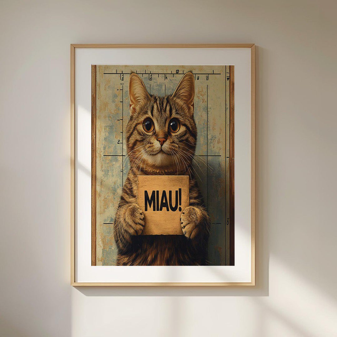 Funny Cat Mugshot Poster - Cute Tabby Cat Wall Art, Miau Sign Print ...