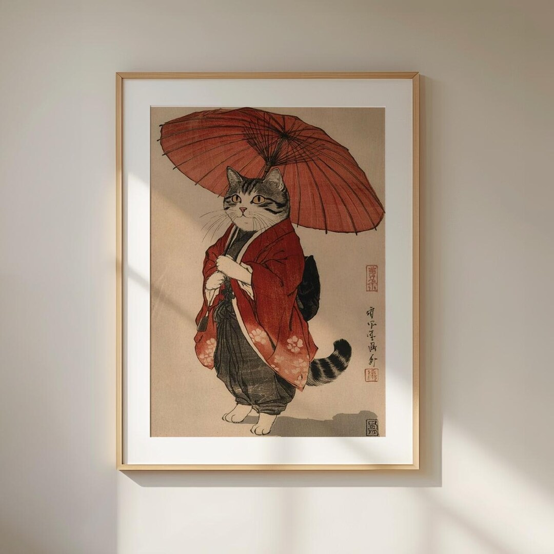Japanese Ukiyo-e Cat Poster - Vintage Style Print of Cat in Kimono With ...