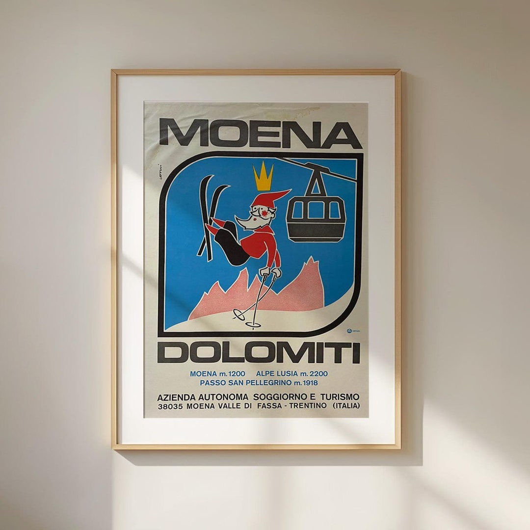 Vintage Ski Poster - Moena Dolomiti, Retro Italian Ski Resort ...