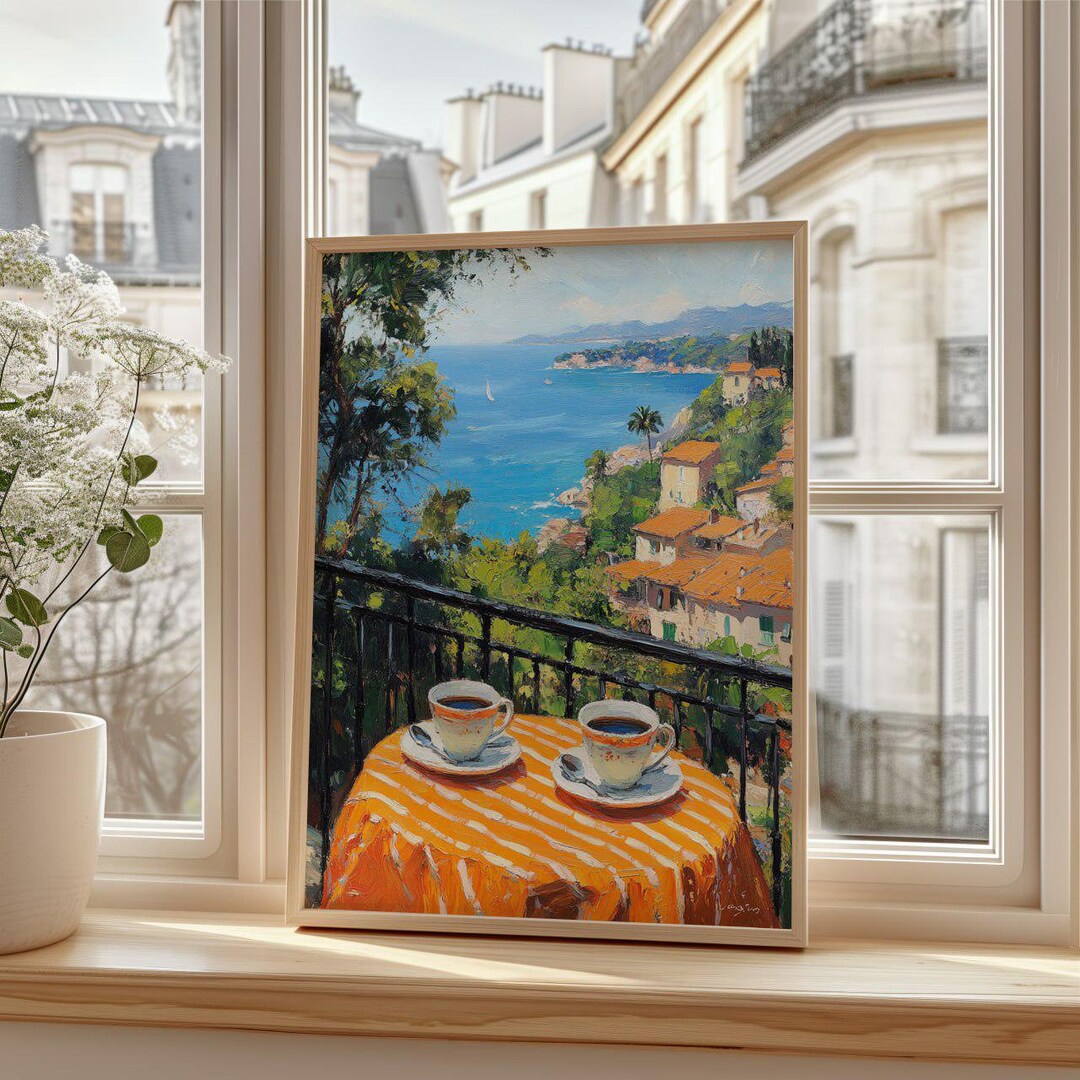 Seaside Coffee Poster, High-quality Art Print, Coastal View Painting ...