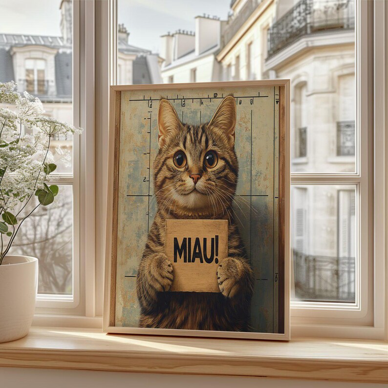 Funny Cat Mugshot Poster - Cute Tabby Cat Wall Art, Miau Sign Print ...