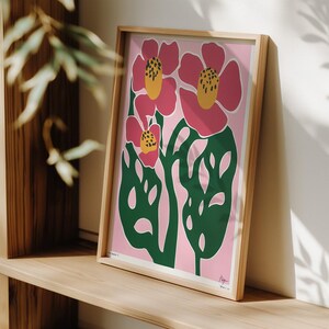 Modern Floral Poster, Bold Pink and Green Flower Print, Abstract Plant ...