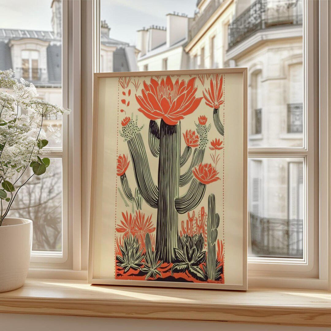 Blooming Cactus Poster – Vibrant Botanical Wall Art, Desert-inspired ...