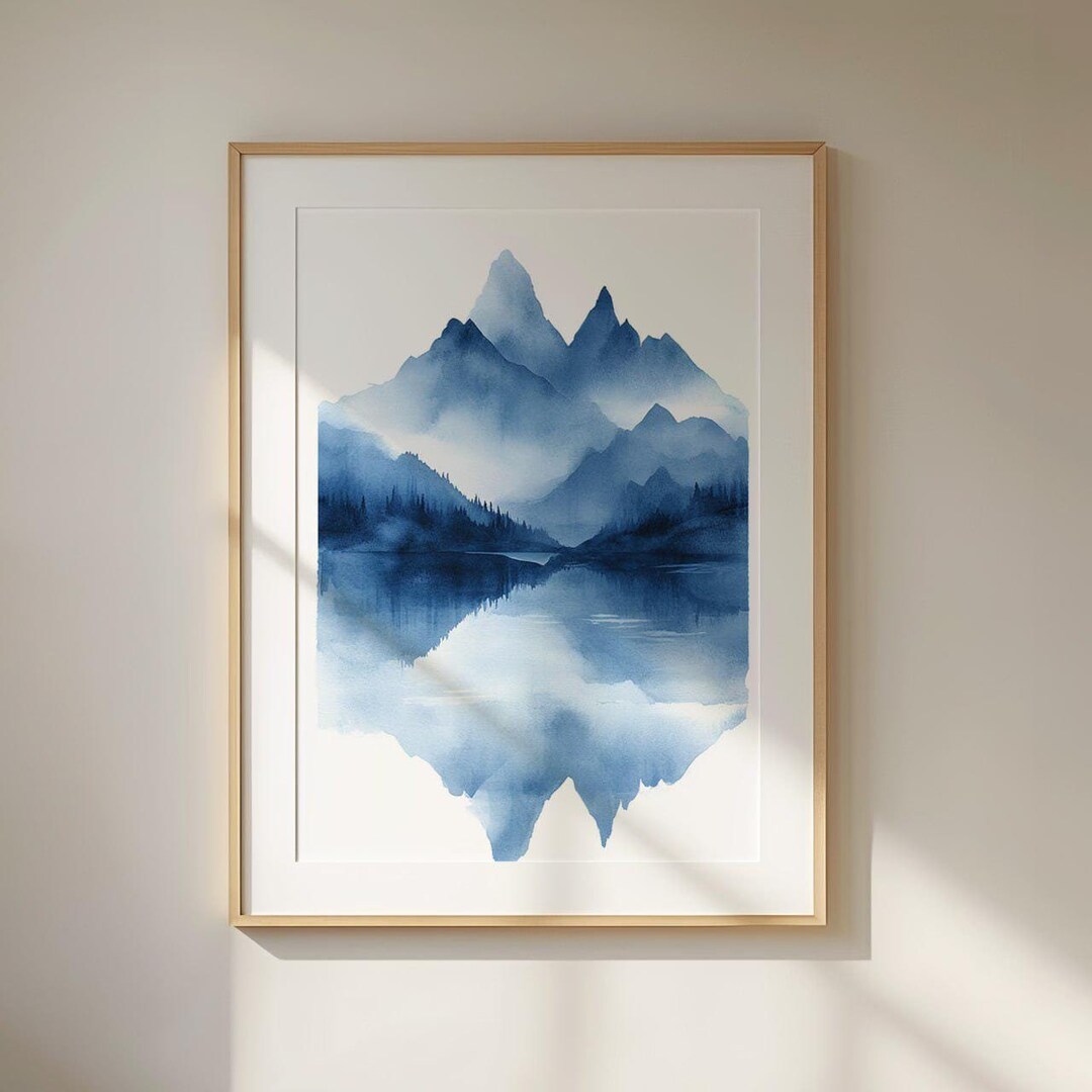 Blue Mountain Reflection Poster, Watercolor Landscape Art Print, High-quality Nature Wall Deco ...