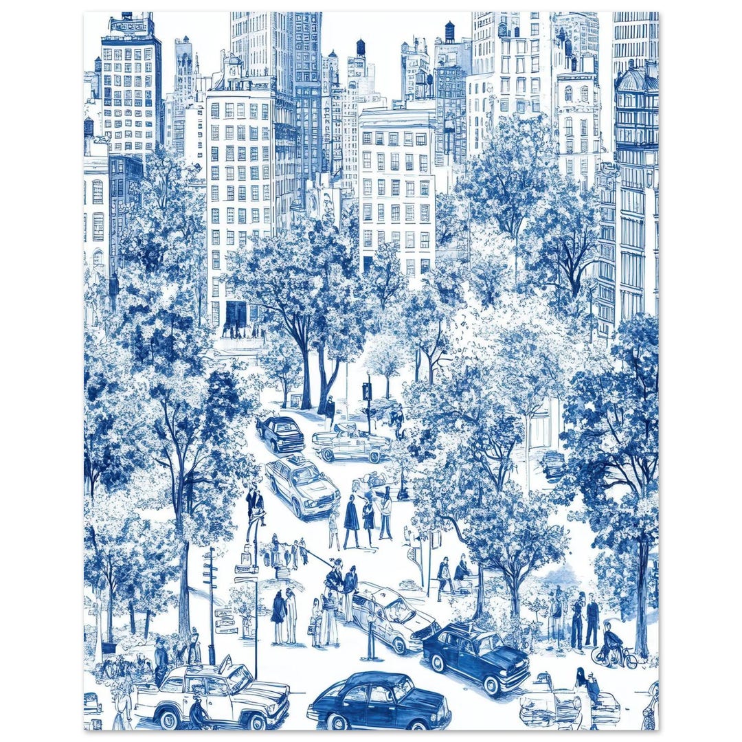 Urban Life in Blue Poster, New York City Street Illustration ...
